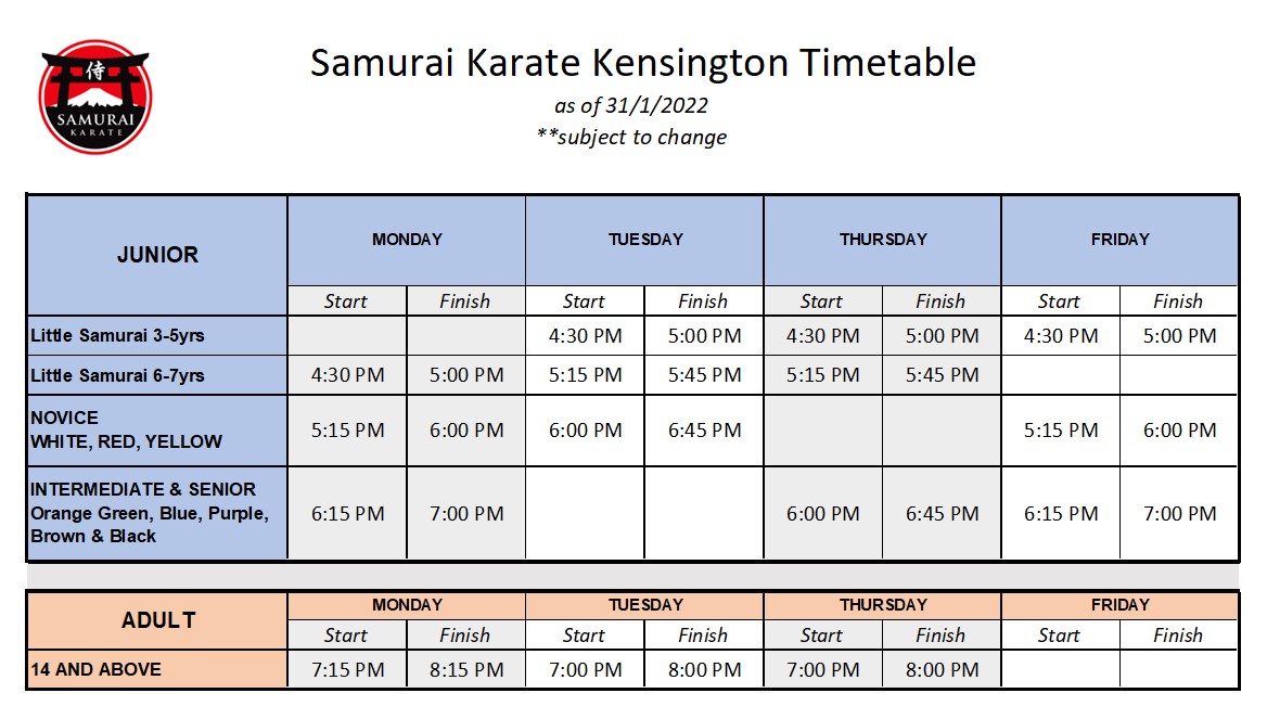 Kensington Dojo - VIC | Timetable - Samurai Karate Australia Classes ...