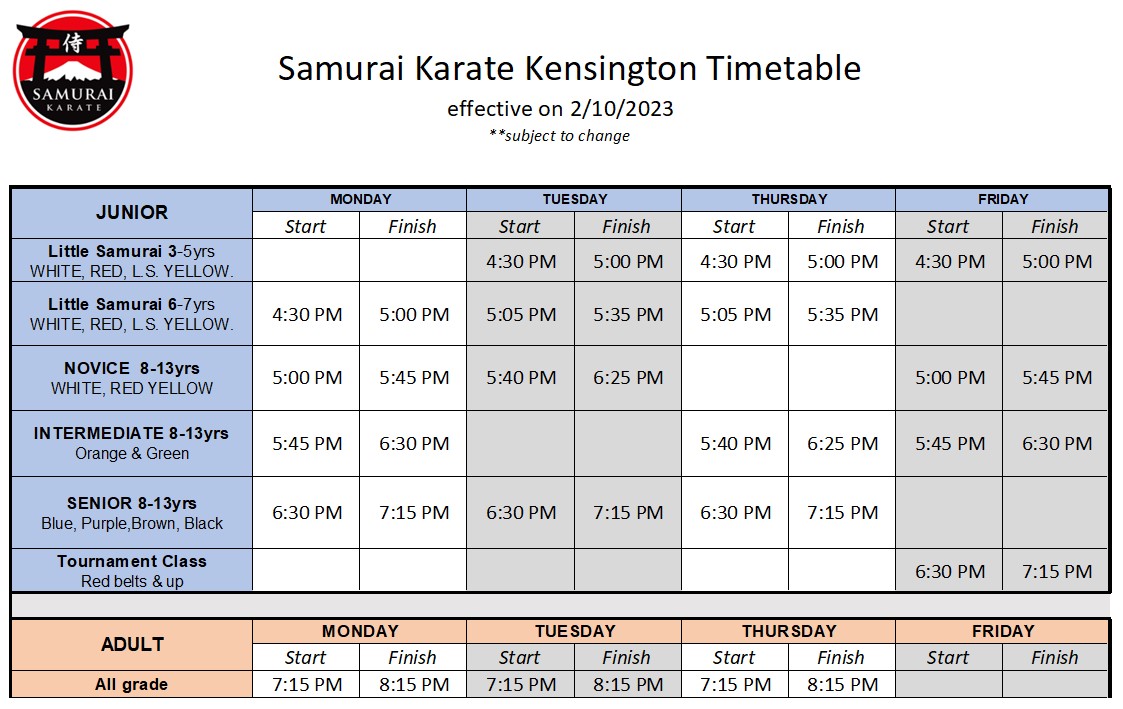 Kensington Dojo - VIC | Timetable - Samurai Karate Australia Classes ...